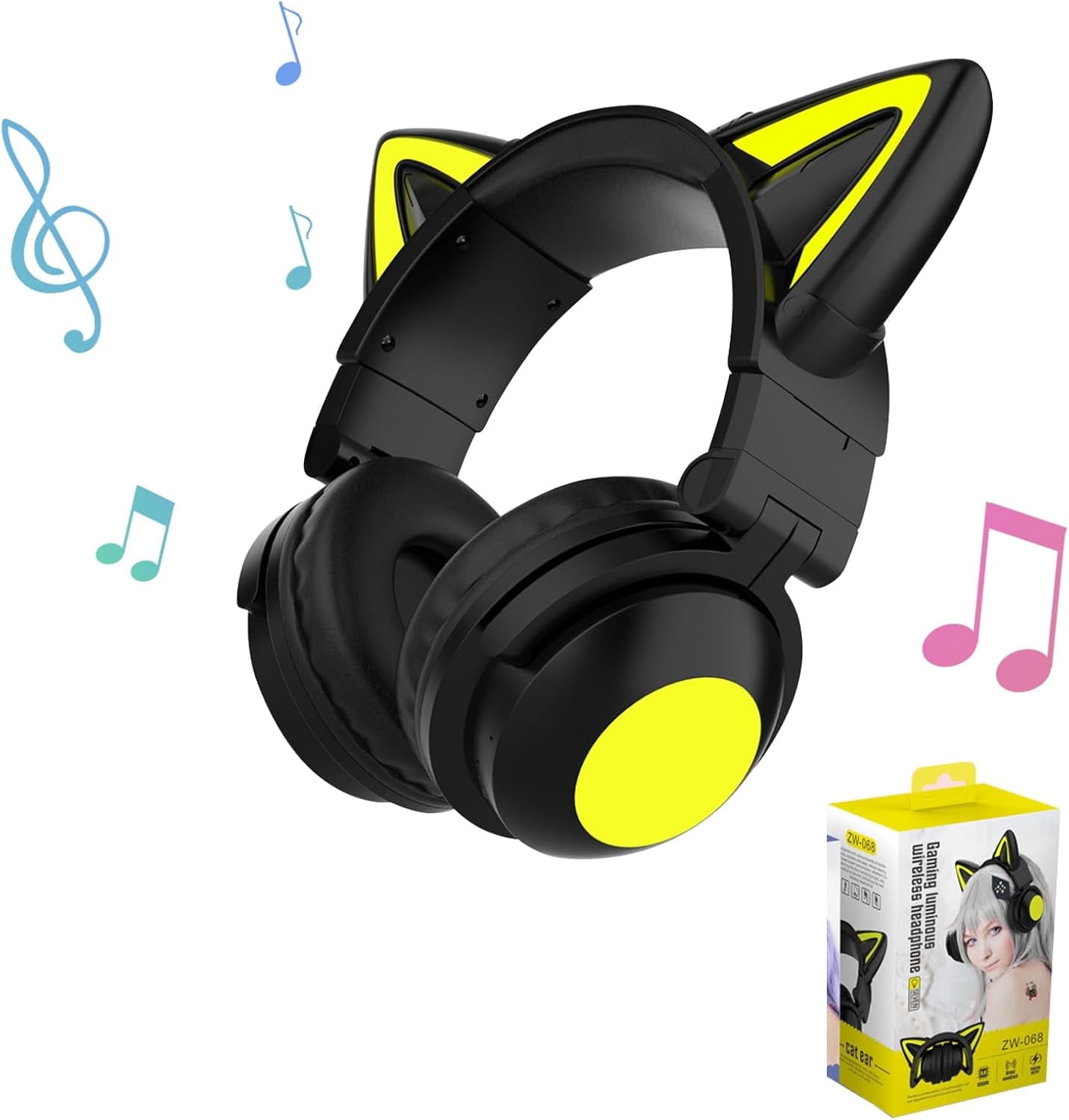 Yolispa Foldable Cat Ear Headphones LED Wireless Bluetooth 5.0 Autom ...