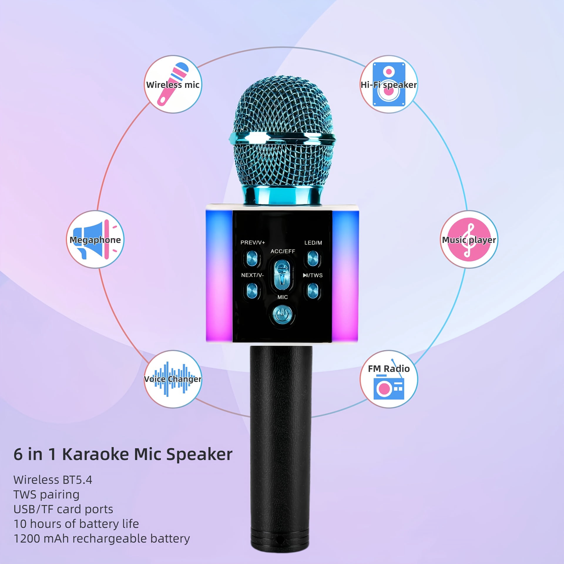 Wireless Karaoke Microphone Speaker w/ LED Lights, Voice Changer ...