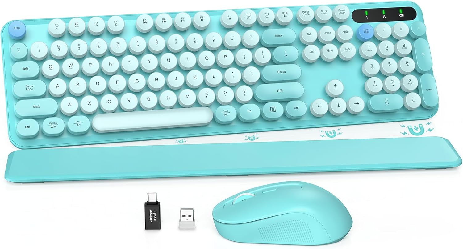 Wireless Keyboard And Mouse Combo Blue Keyboard With Round Keycaps Full Size Retro Typewriter
