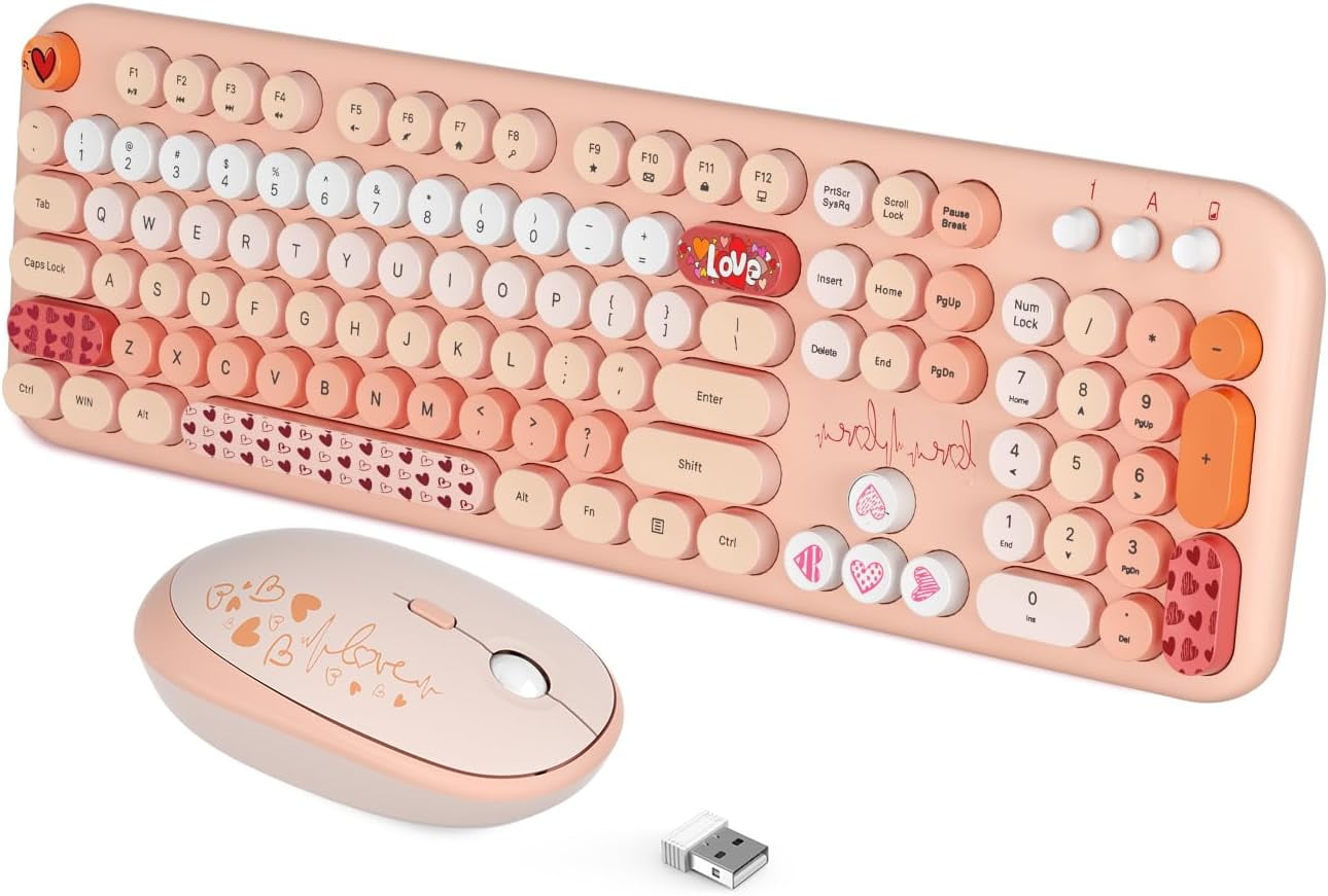 Wireless Keyboard and Mouse, 104 Round Keys Full-Size Cute Colorful ...