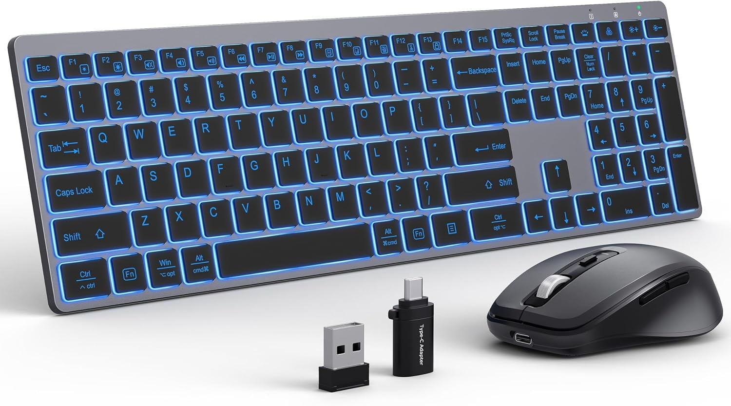 Wireless Keyboard and Mouse, 7 Color Backlight, Type-C Rechargeable, Slim & Quiet, Jiggler Mouse ...