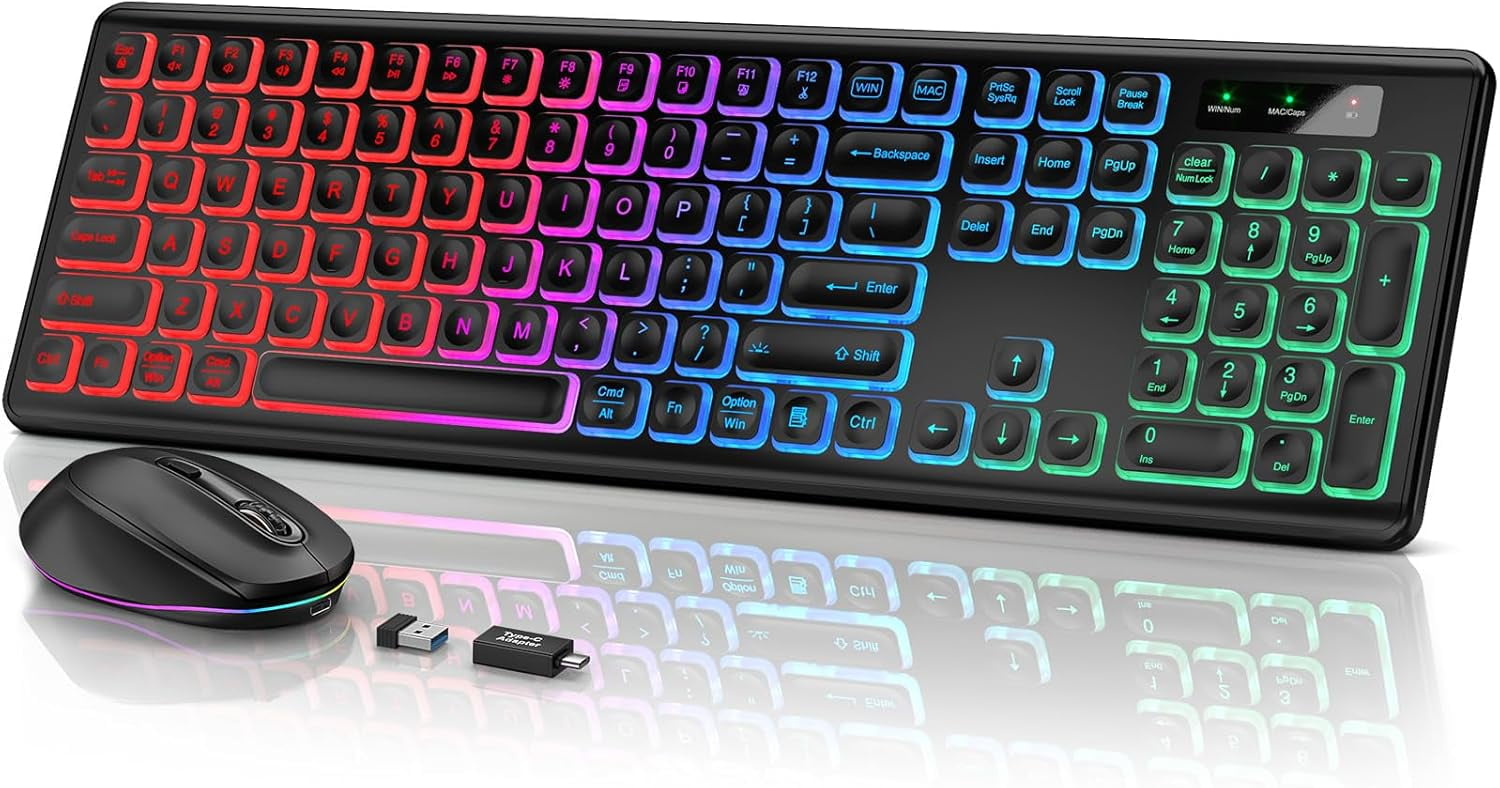 Wireless Keyboard and Mouse Backlit, Quiet Light Up Keys, Tilt Legs ...