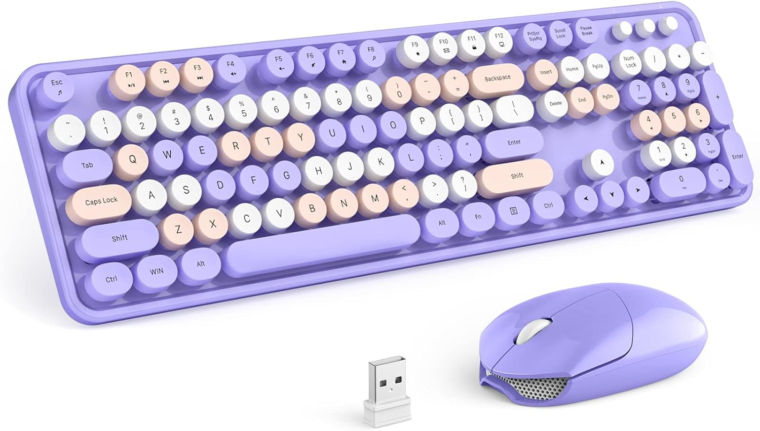 Wireless Keyboard and Mouse Combo,2.4GHz Retro Full-Size Keyboard with Number Pad and Cute ...