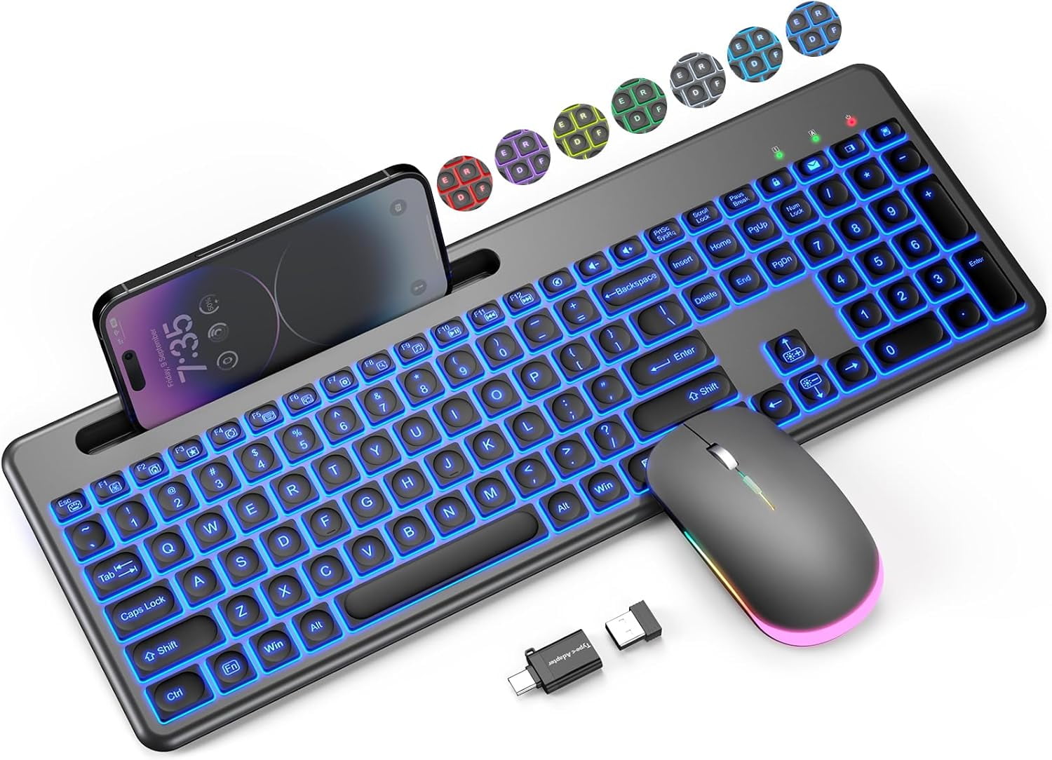 Wireless Keyboard And Mouse Combo 7 Backlit Effects Phone Holder Quiet Light Up Keys Sleep