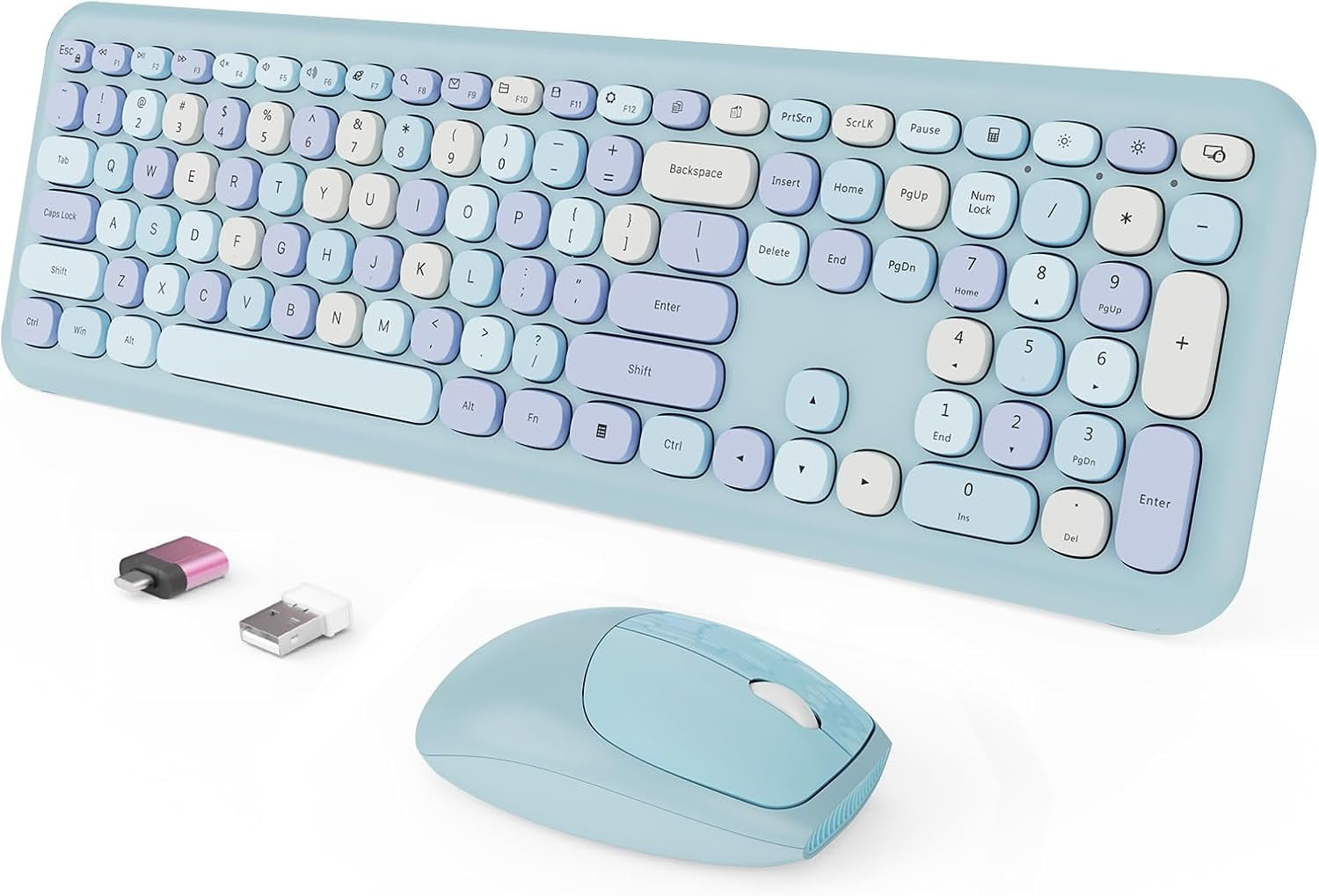 Wireless Keyboard And Mouse Combo Colorful Ergonomic Full Size Retro Low Noise Keyboard With