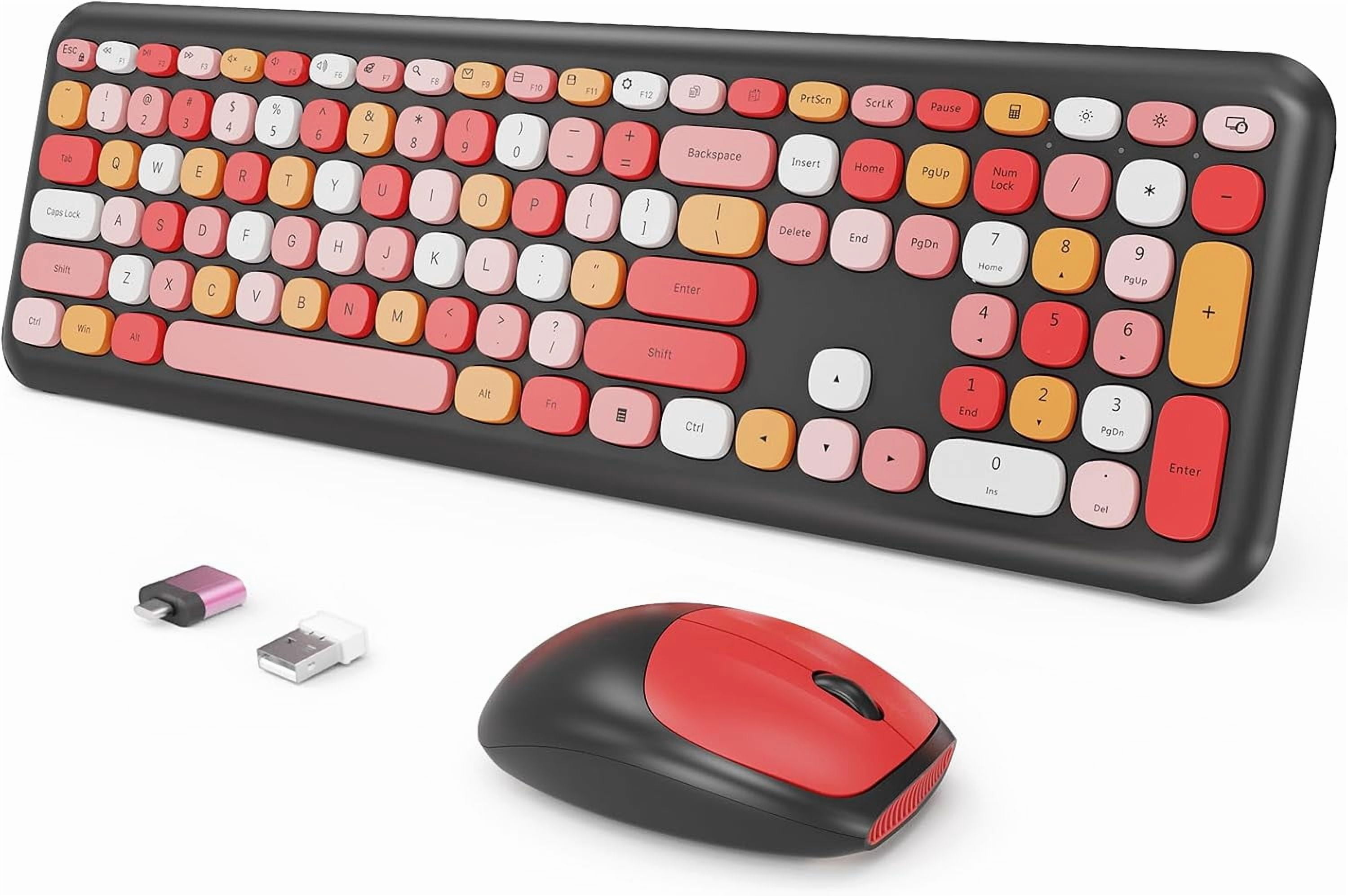 Wireless Keyboard and Mouse Combo, Colorful Ergonomic Full Size Retro ...