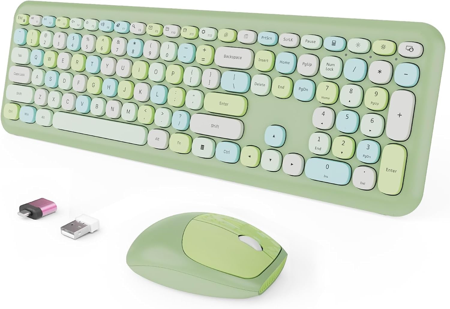 Wireless Keyboard and Mouse Combo, Colorful Ergonomic Full Size Retro ...