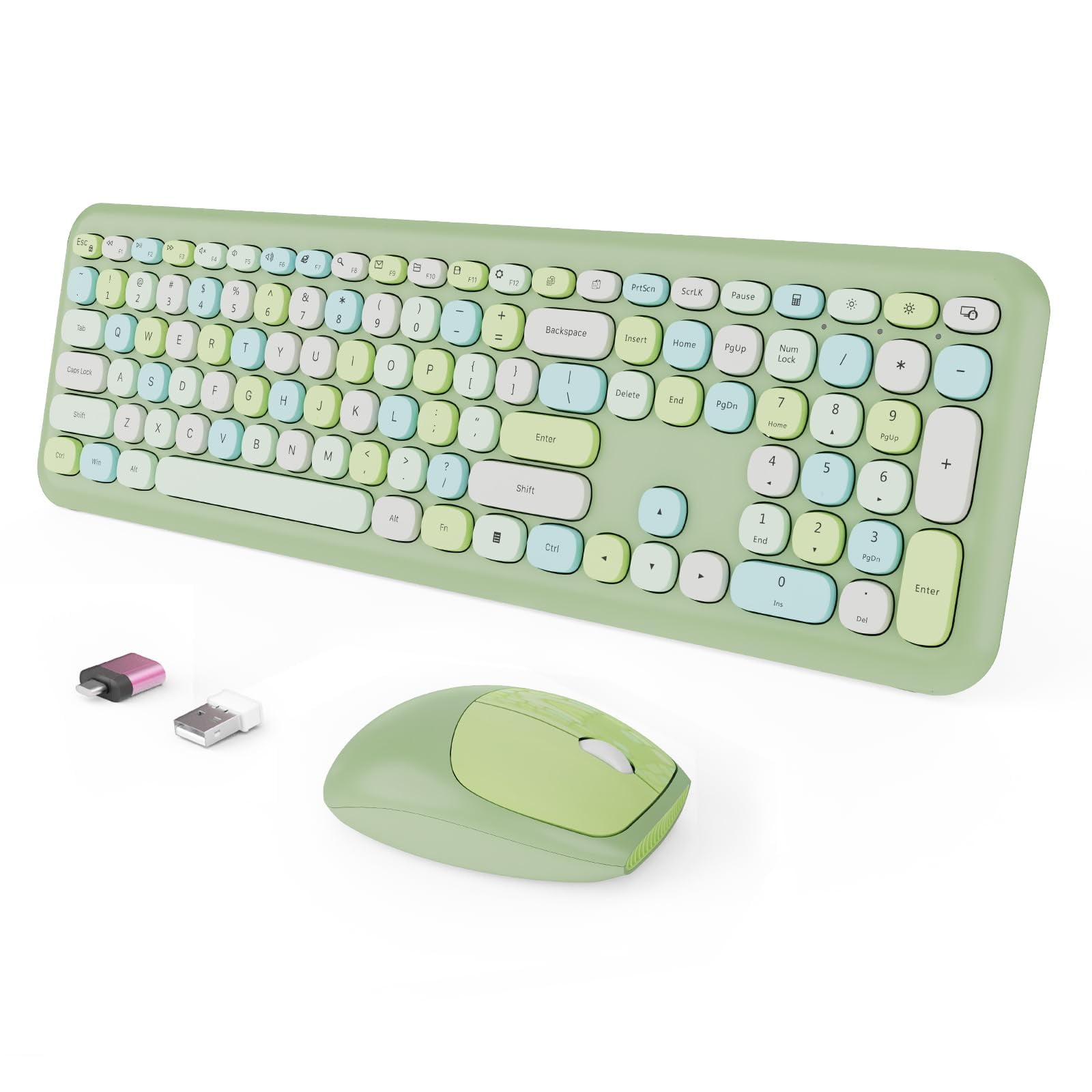 Wireless Keyboard and Mouse Combo, Colorful Ergonomic Full Size Retro ...