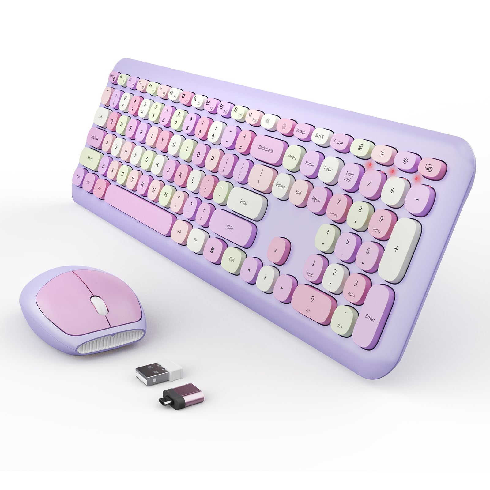 Wireless Keyboard and Mouse Combo, Colorful Ergonomic Full Size Retro ...