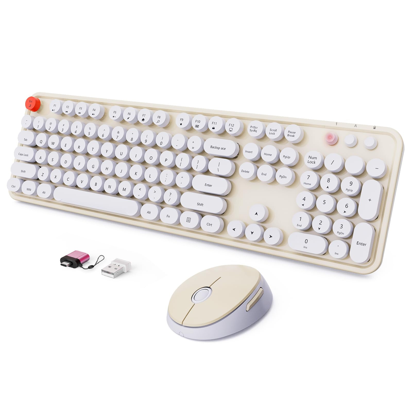Wireless Keyboard and Mouse Combo, Ergonomic Full Size Typewriter Retro ...