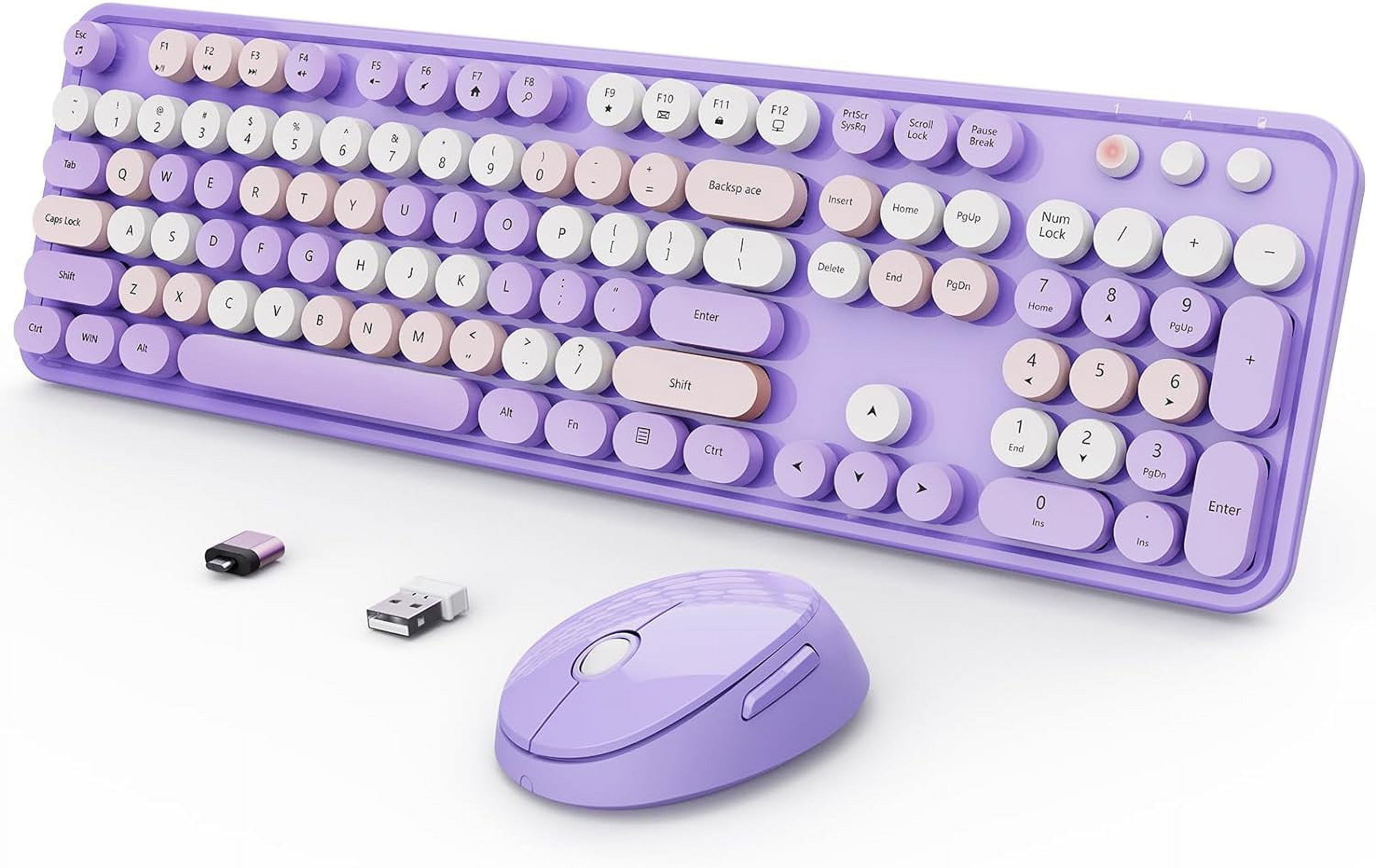 Wireless Keyboard and Mouse Combo, Ergonomic Full Size Typewriter Retro Round Keycaps Keyboard ...