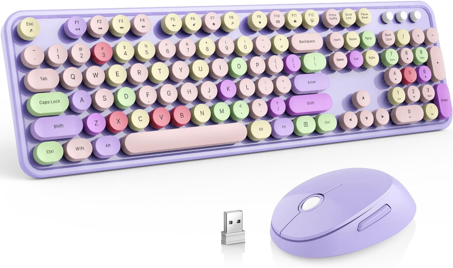 Wireless Keyboard and Mouse Combo, Full-Size Retro Round Keyboard and ...
