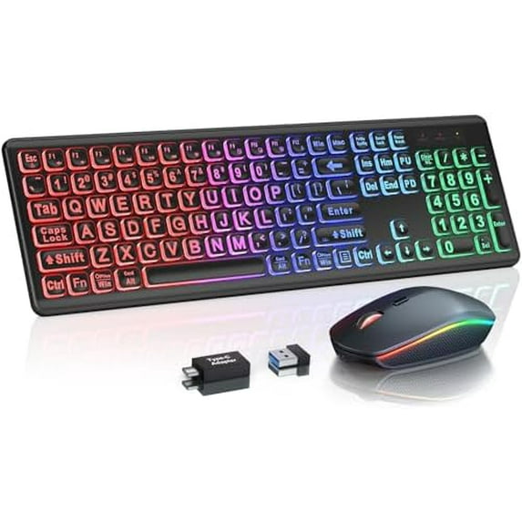 Wireless Keyboard and Mouse Combo, RGB Backlit, Rechargeable & Light Up ...