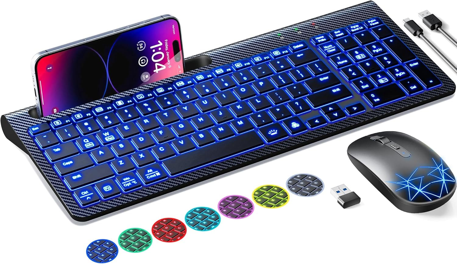 Wireless Keyboard and Mouse, Rechargeable, Adjustable 7 Color Backlight ...