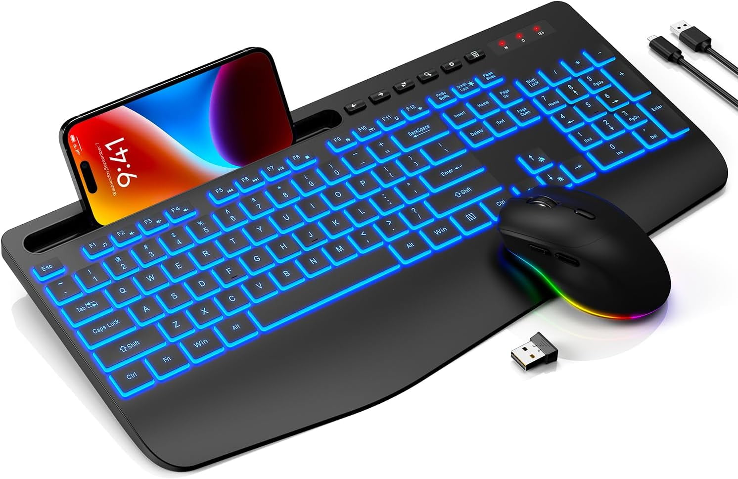 Wireless Keyboard and Mouse Combo- 7-Color Backlit, Wrist Rest, Rechargeable, Silent Light-Up ...