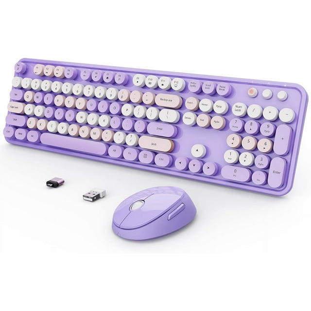 Wireless Keyboard And Mouse Combo Ergonomic Full Size Typewriter Retro Round Keycaps Keyboard