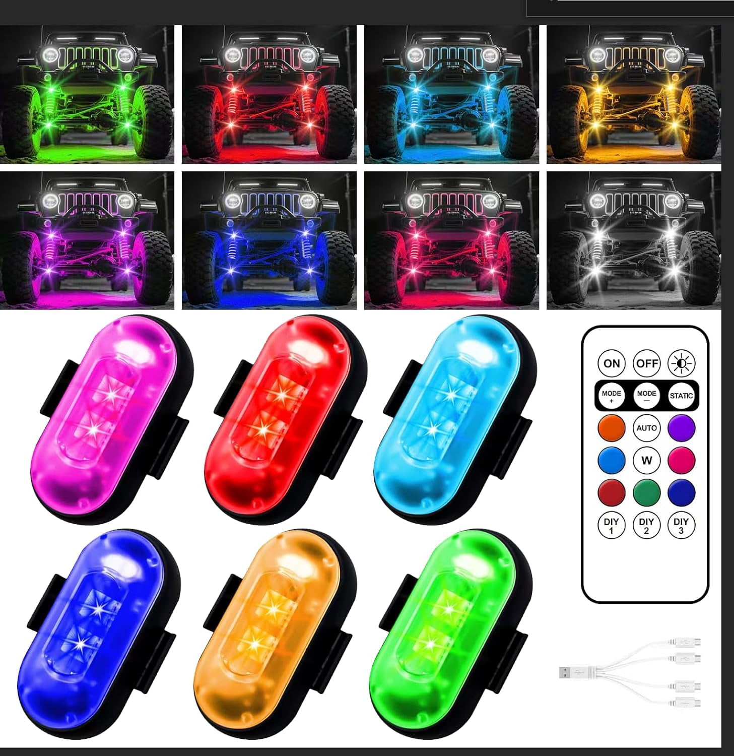 Wireless LED Ligts for Car, Wireless Rock Ligts wit 8 Colors 10 Modes ...