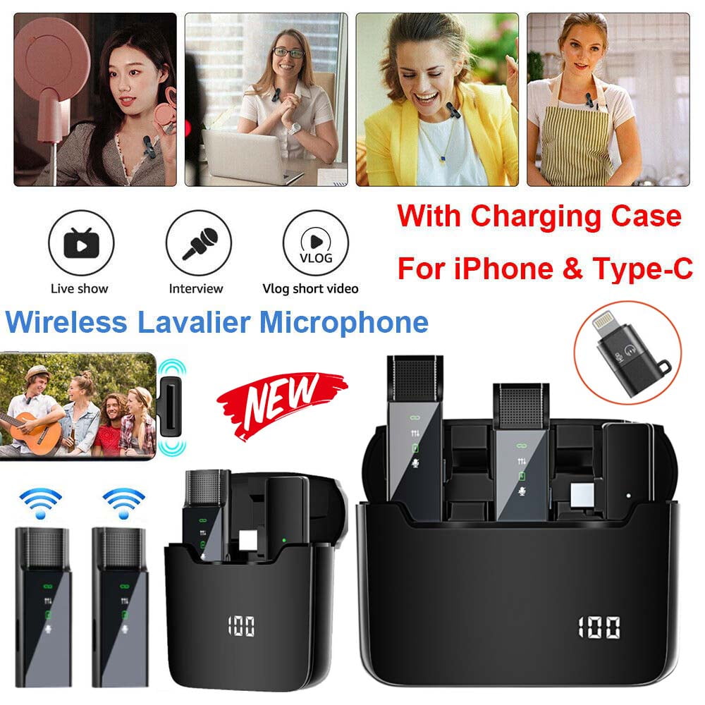 Wireless Lapel Microphone Wireless Lavalier Microphone Mini Mic with Dual Display Charging Box ...