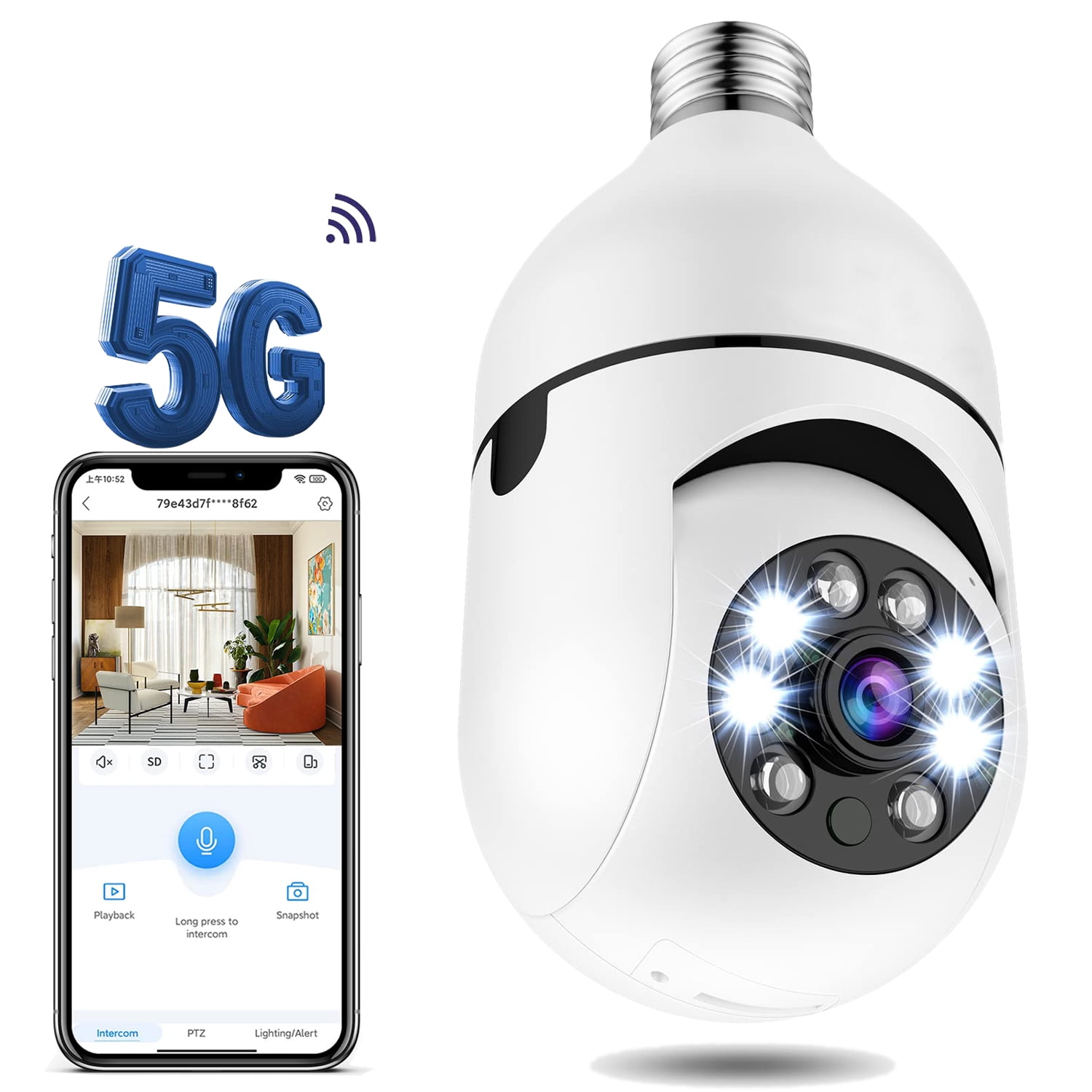 1080P Wireless Light Bulb Security Camera, PTZ WiFi, 360° Panoramic IP ...