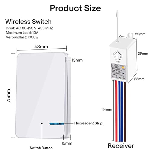 Wireless Light Switch And Receiver Kit, No Wiring Wall Switch, Outdoor 1900 Ft Indoors 229 Ft ...