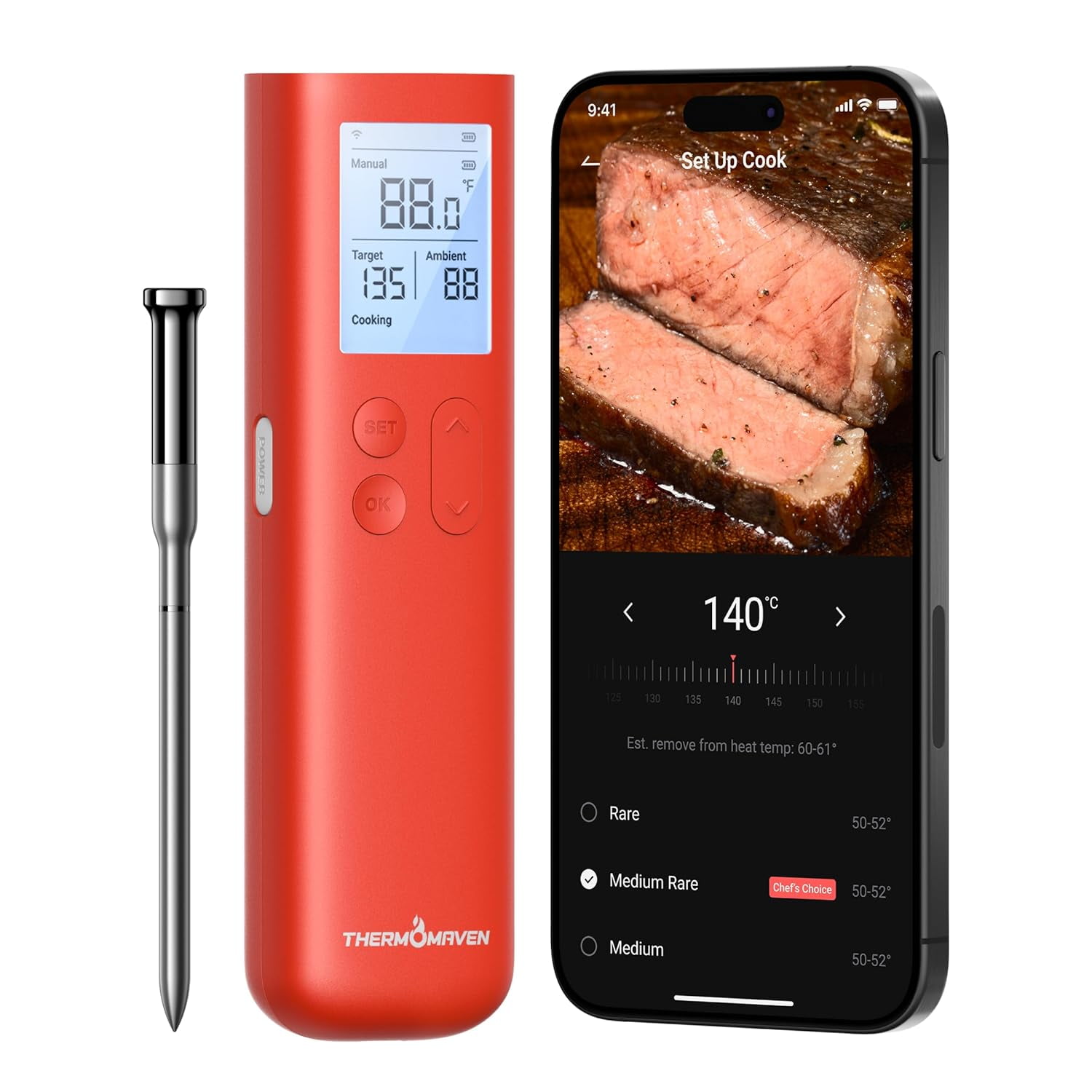 Wireless Meat Thermometer, 10X Enhanced Signal and Stability with Sub-1G, Standalone Display ...