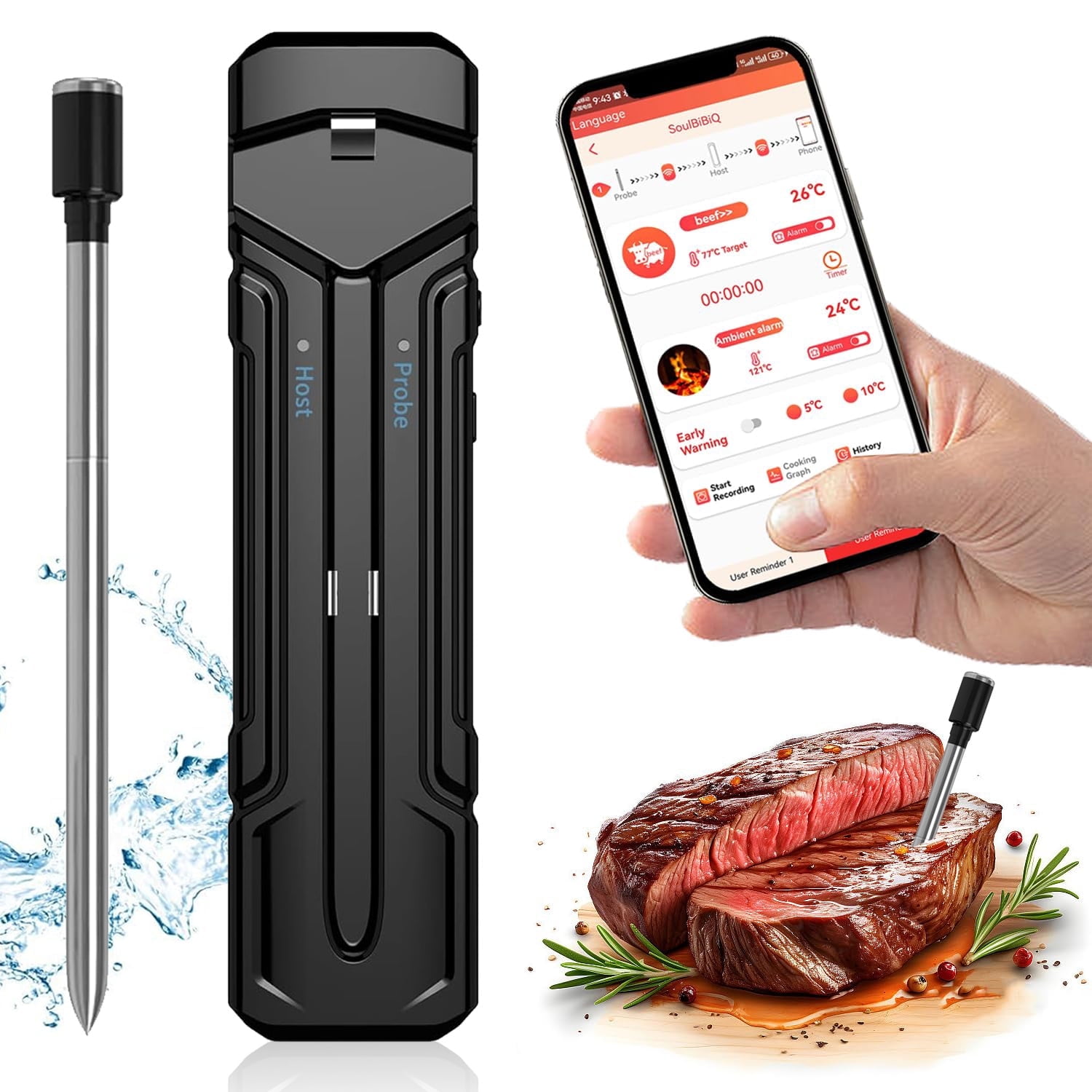 Wireless Meat Thermometer, 500FT Digital Meat Thermometer, Grill Bluetooth Meat Thermometer with ...