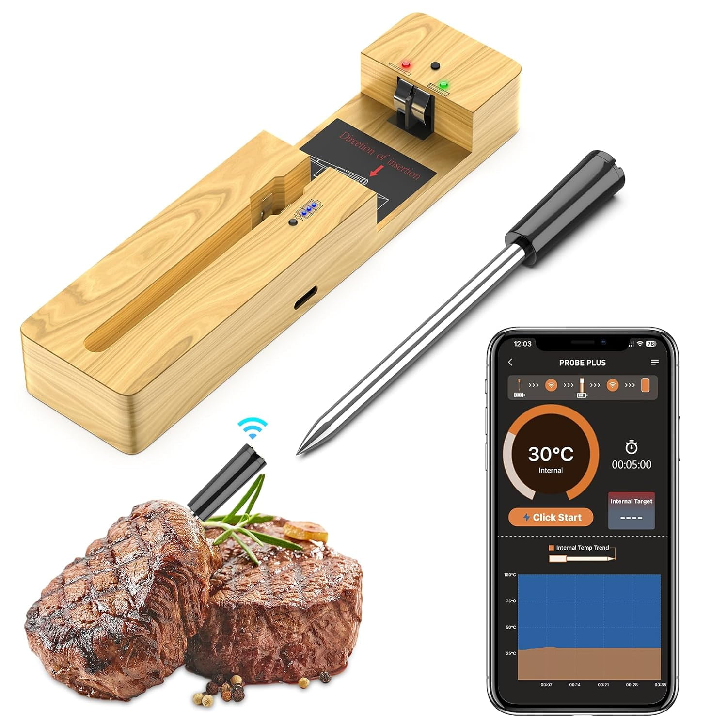 Wireless Meat Thermometer Bluetooth: with Ceramic Probe for Grilling ...