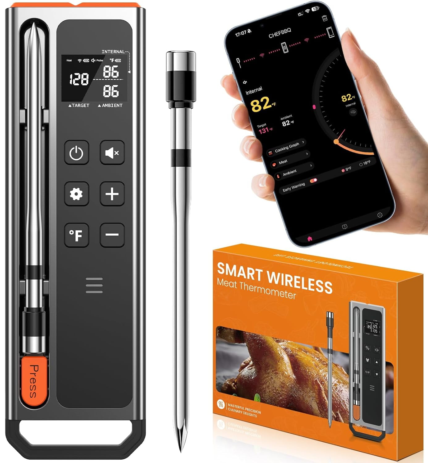 Wireless Meat Thermometer Digital-5.3 Bluetooth for Stable 800ft APP Control (iOS&Android ...
