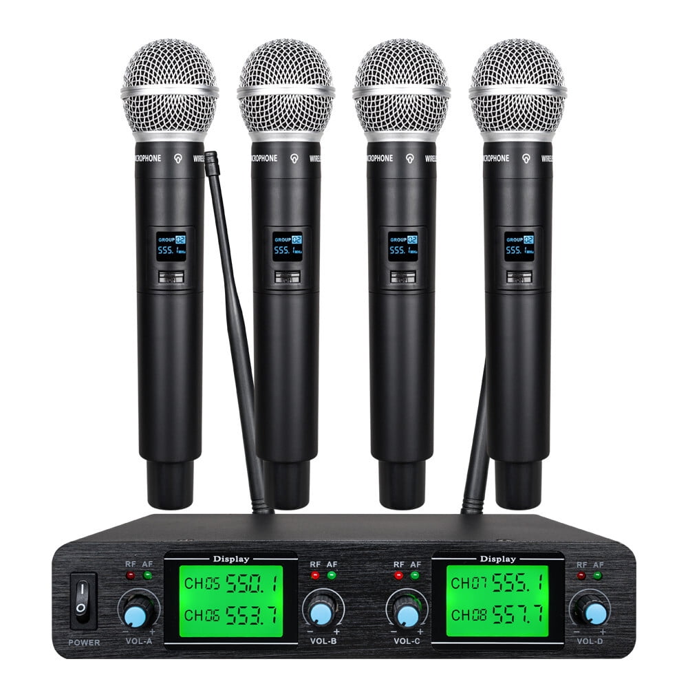 Wireless Microphone System 4 Channel Pro Audio UHF 4 Handheld Dynamic ...