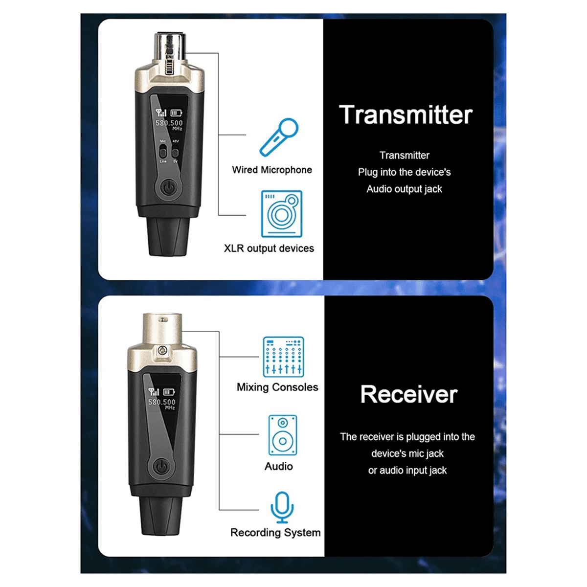 Wireless Microphone System XLR Mic Converter Adapter UHF Automatic ...