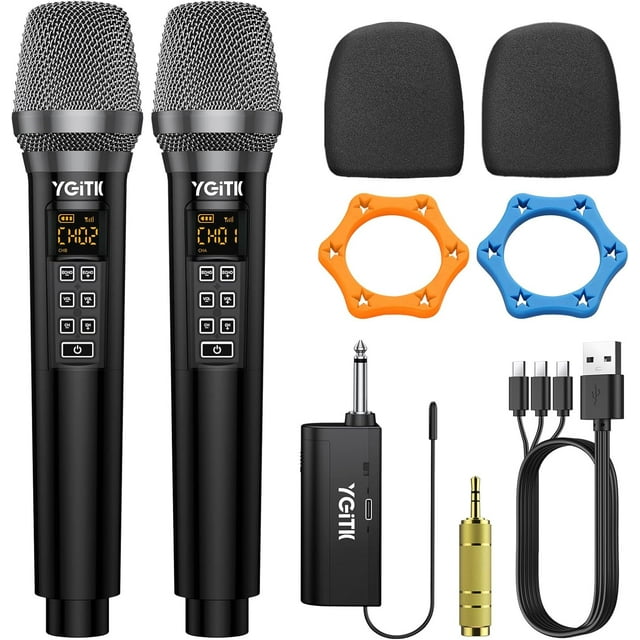 Wireless Microphone, UHF Metal Dual Handheld Cordless Dynamic Mic System with Rechargeable ...