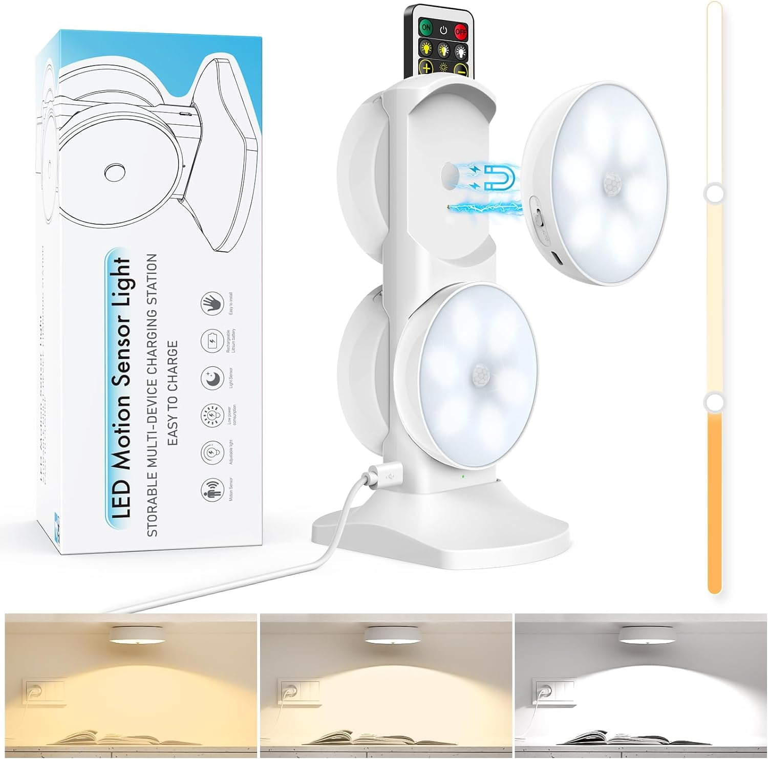 Wireless Motion Sensor Puck Lights with Charging Station, 3 Colors USB ...