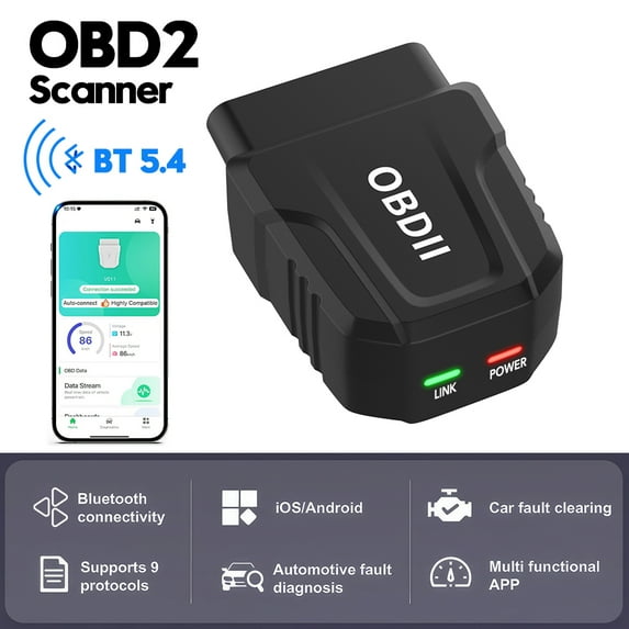 Wireless OBD2 Diagnostic Scanner - Bluetooth 5.4, 9 Protocols, Live ...