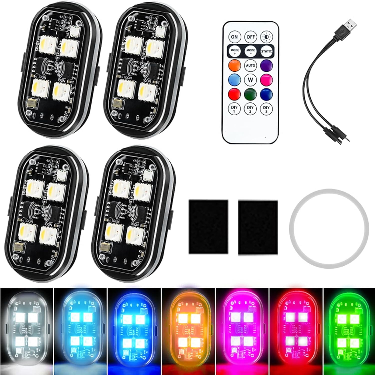 Wireless RGB LED Lights with Remote Control, 8 Colors 10 Flash Modes USB Charging, Anti ...