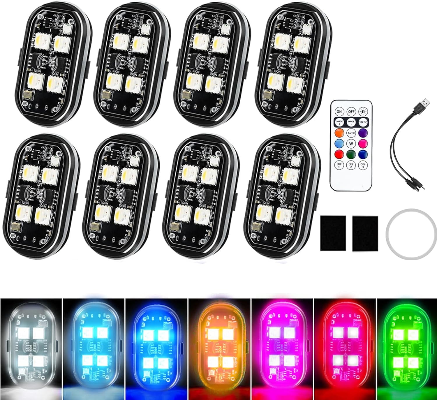 Wireless RGB LED Lights with Remote Control, 8 Colors 10 Flash Modes ...