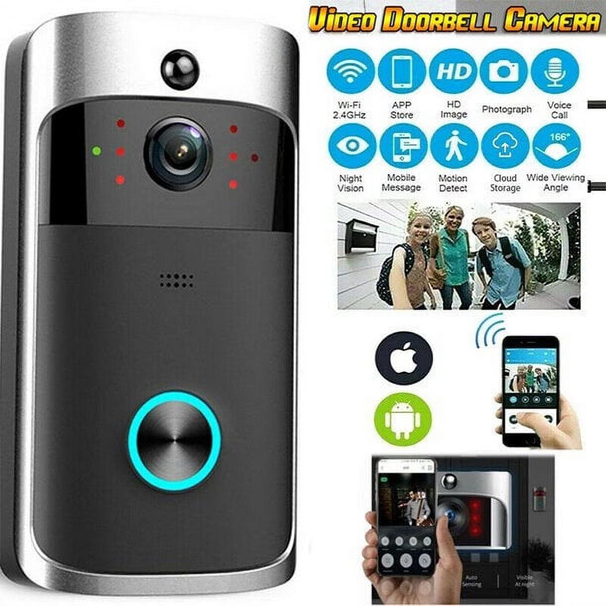 Wireless Ring & Video Doorbell with Camera, 2.4G Wi-Fi, Security Phone ...