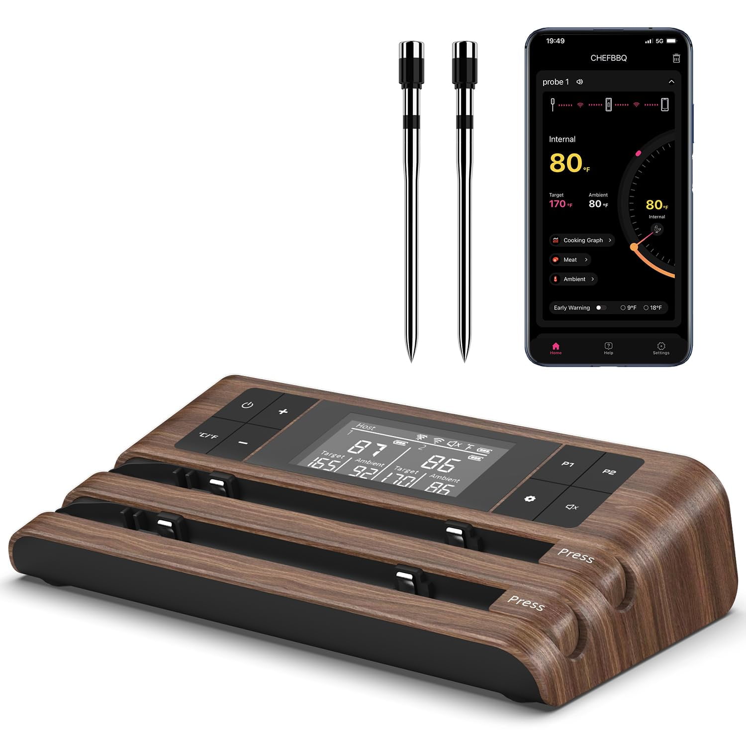 Wireless Smart Meat Thermometer with Dual-Sensor Probe, 500FT Remote ...