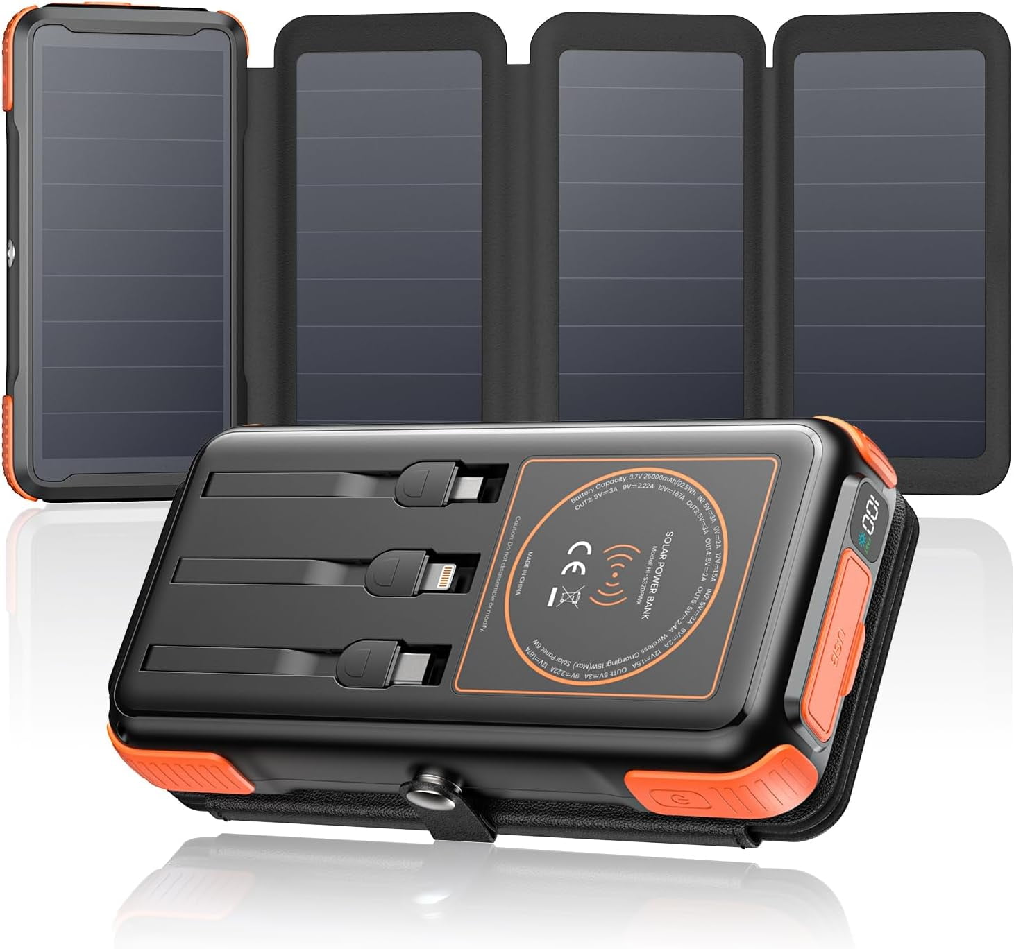 Wireless Solar Power Bank, 25000mAh Solar Charger with Built-in 3 ...