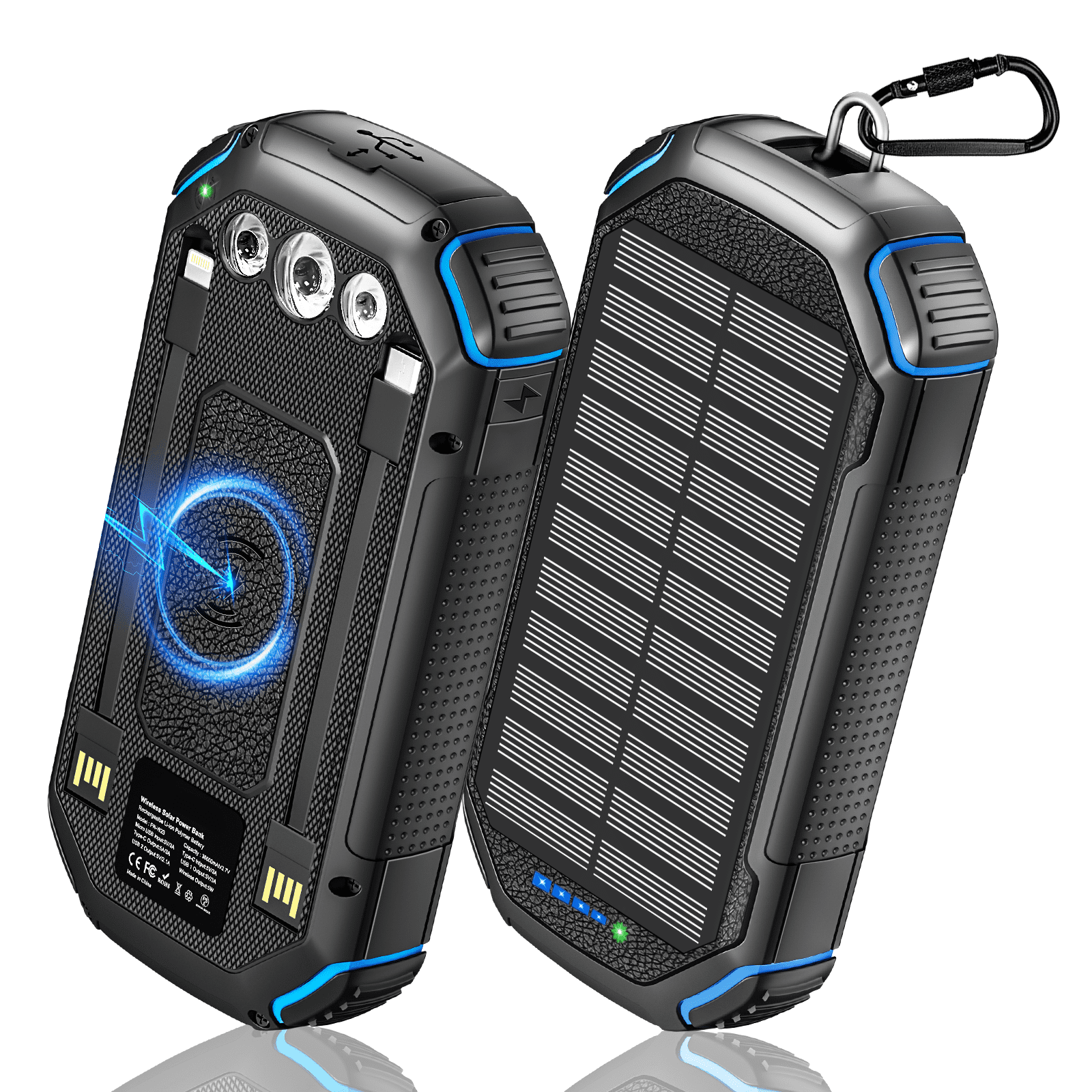 Wireless Solar Power Bank,26800mAh 3A Fast Battery Pack with 3 Cables 4 ...