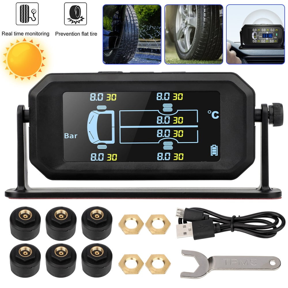 Wireless Solar TPMS LCD Car Tire Pressure Monitoring System + 6 External Sensors - Walmart.com