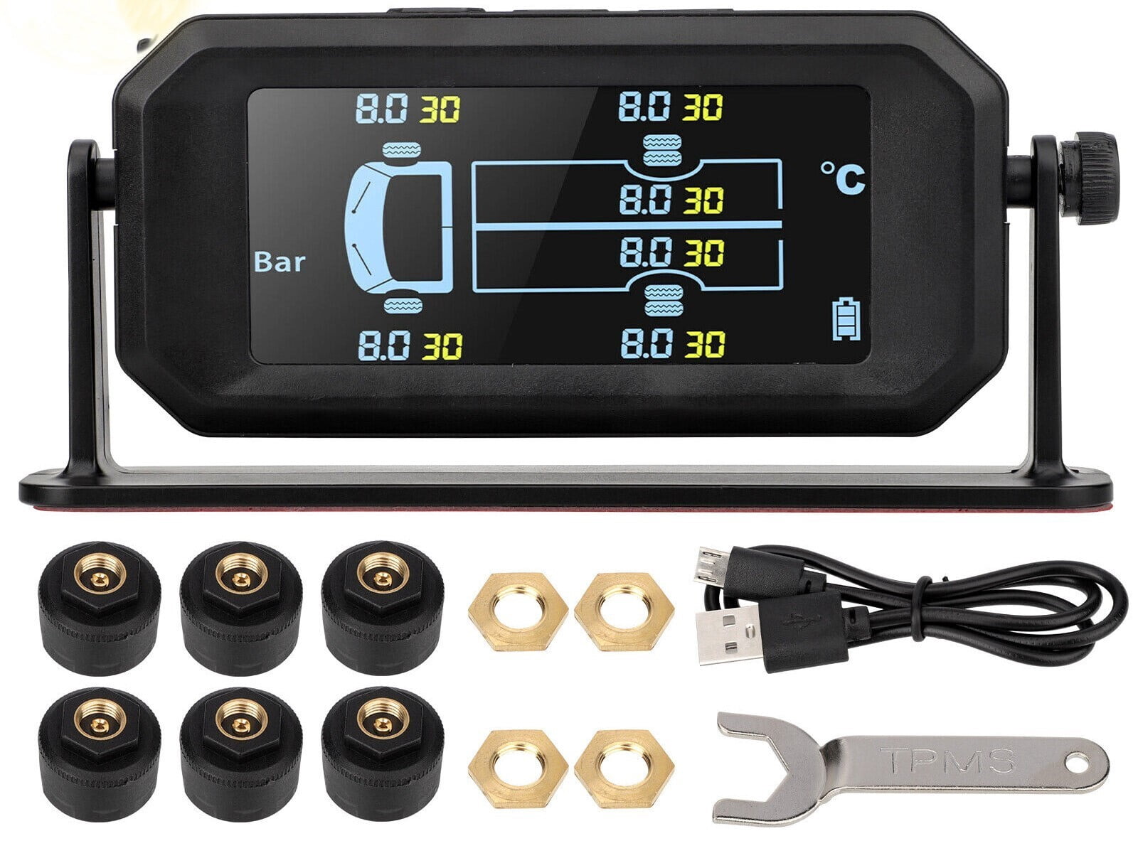 Wireless Solar TPMS LCD Car Tire Pressure Monitoring System + 6 ...