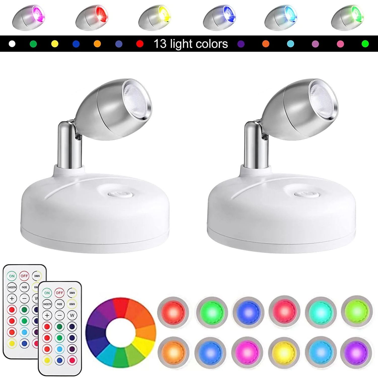 Wireless Spotlight Indoor, Battery Operated LED RGB Accent Lights Puck ...