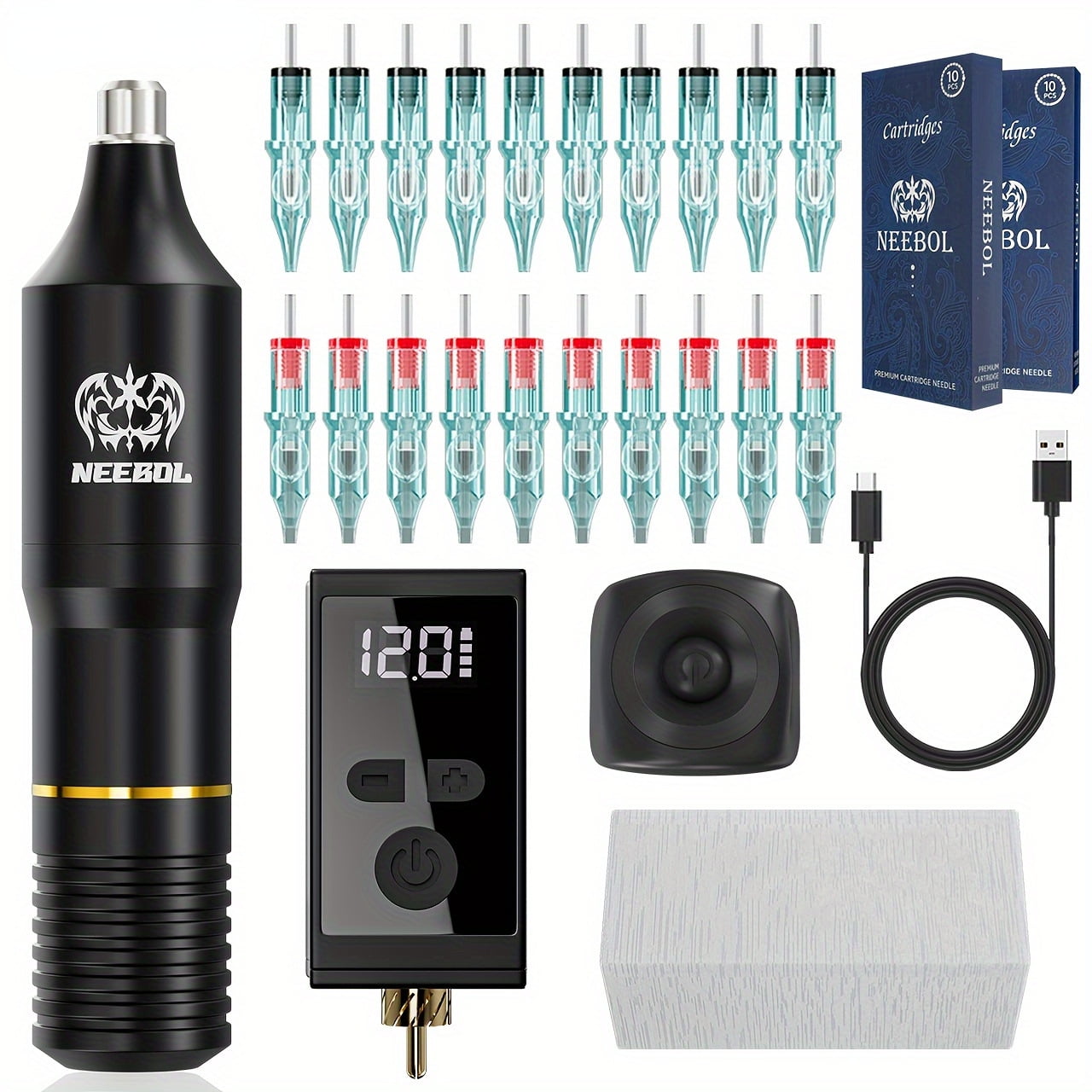 Wireless Tättoo Power Supply & Motor Pen Kit - 1450mAh, LED Display ...