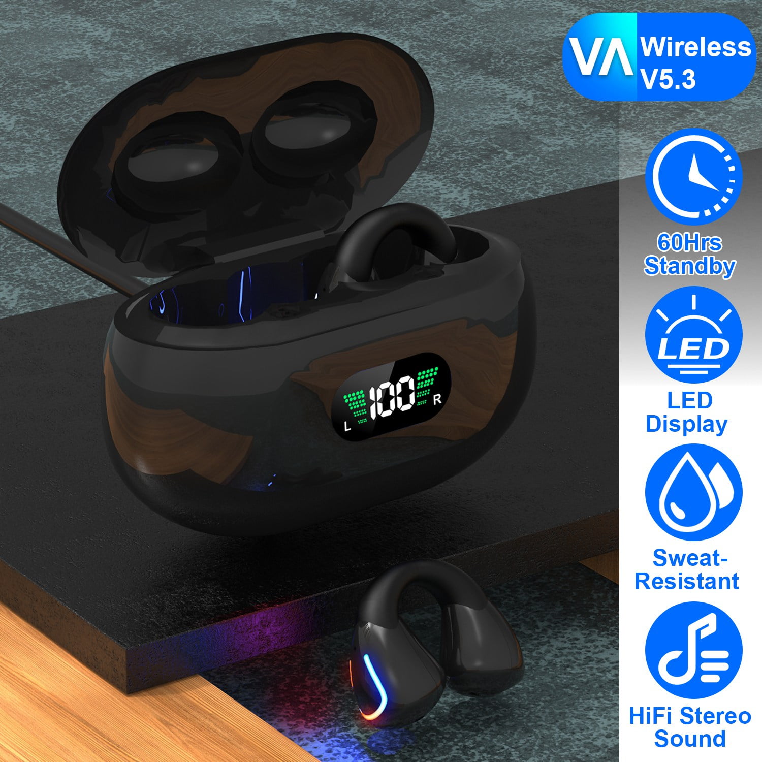 Wireless V5.3 Earbuds Clip-On Open TWS Earphones, IPX3 Waterproof Sport Fitness Headphones ...