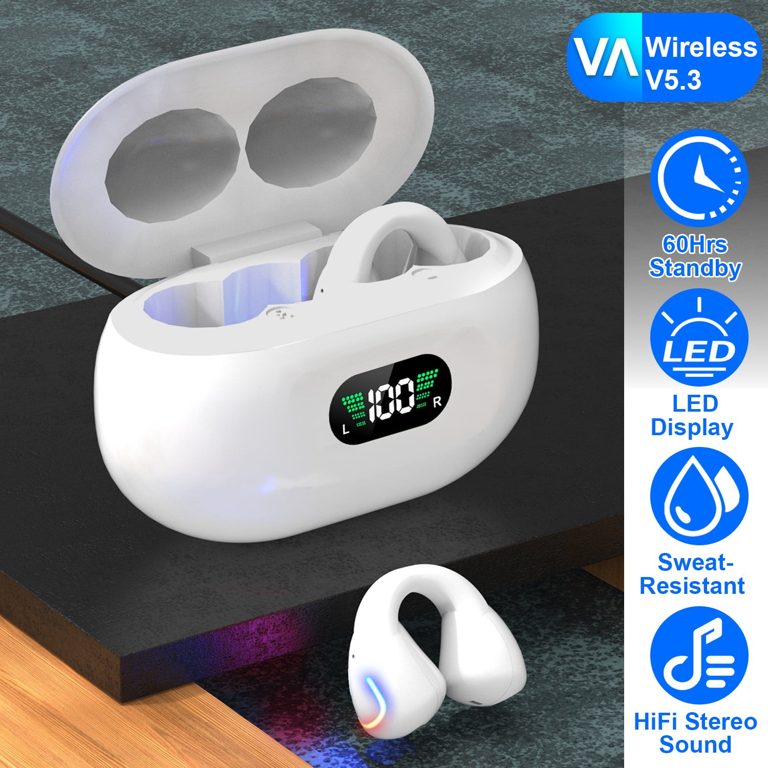 Wireless V5.3 Earbuds Clip-On Open TWS Earphones, IPX3 Waterproof Sport ...