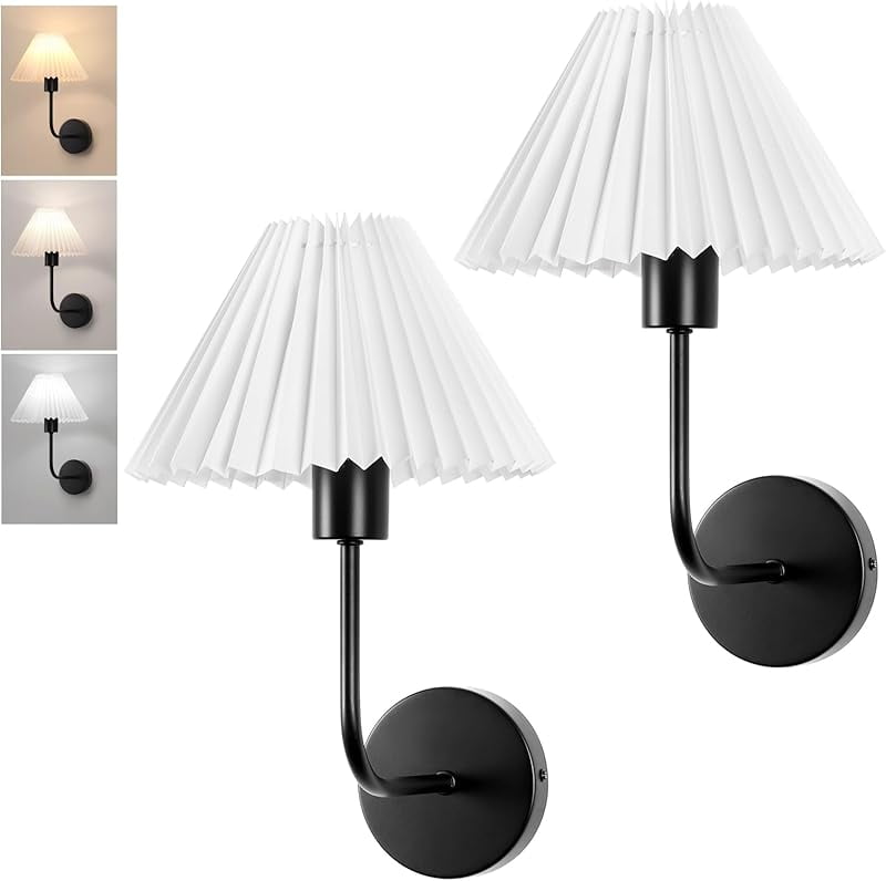 Wireless Wall Sconce Sets of 2, Pleated Shades Rechargeable Battery ...