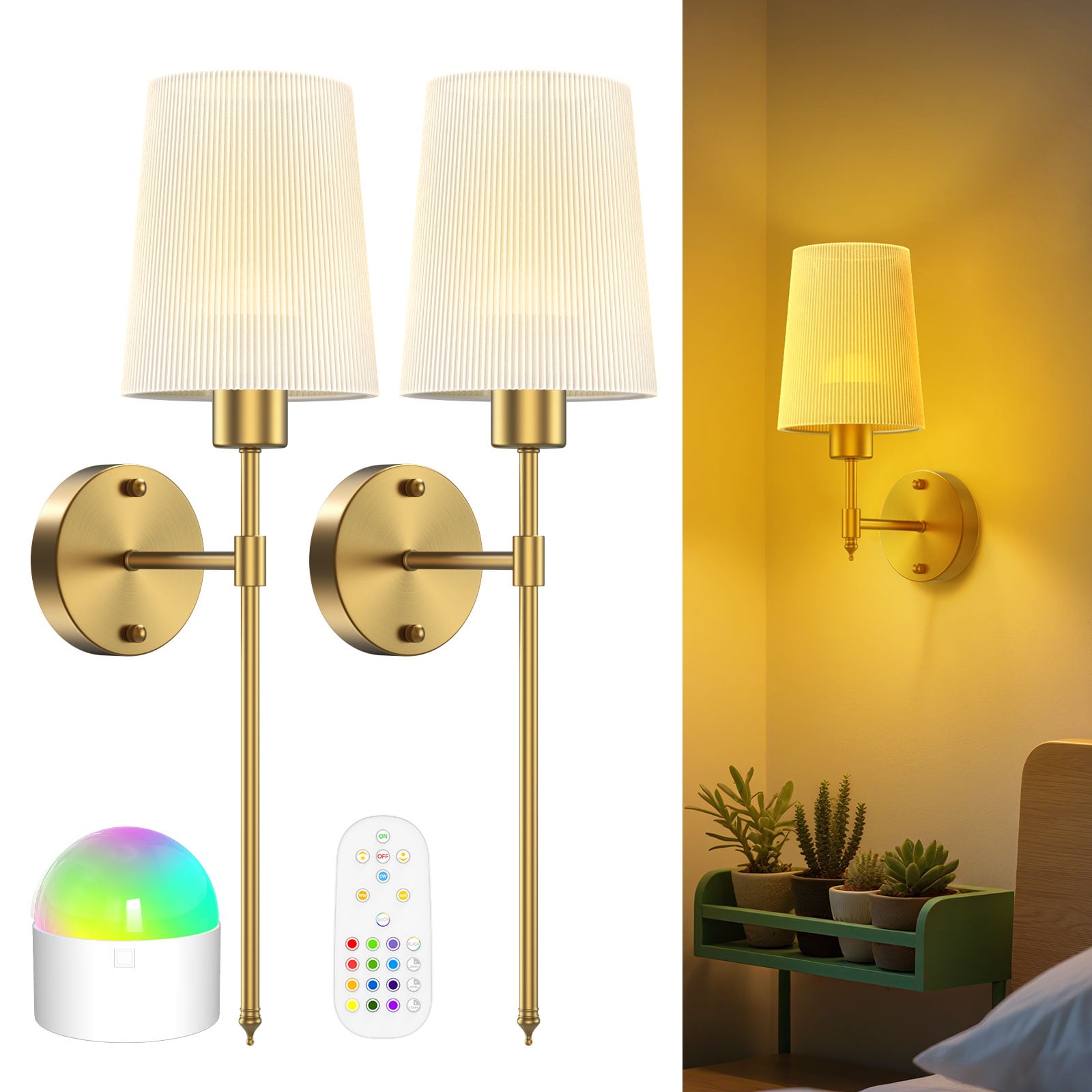 Wireless Wall Sconces Set of 2, 10000mAh Battery Remote Wall Lights ...