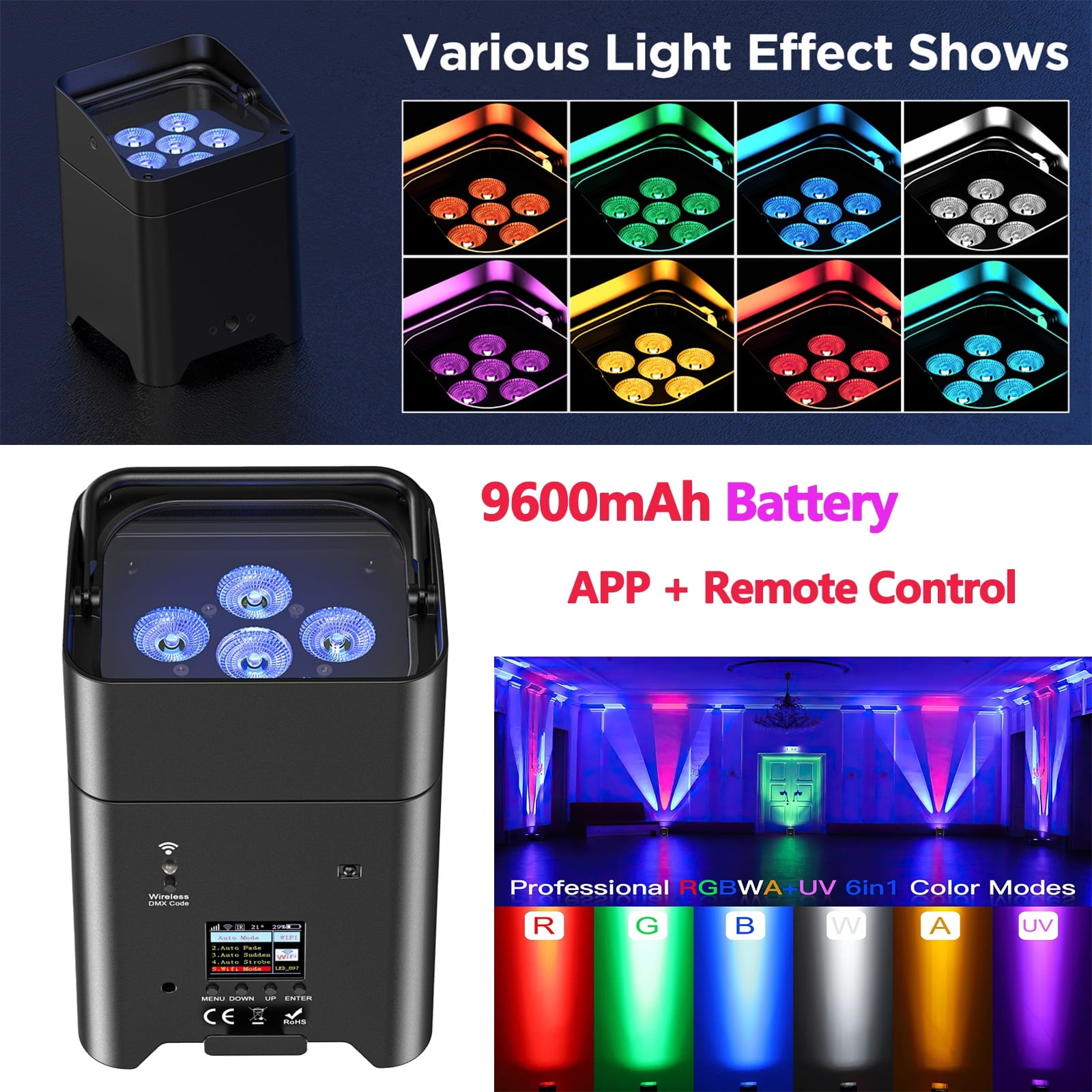 LED Stage Lights,Rechargeable Wireless Par Lights RGBWA+UV 6 in 1 DJ ...