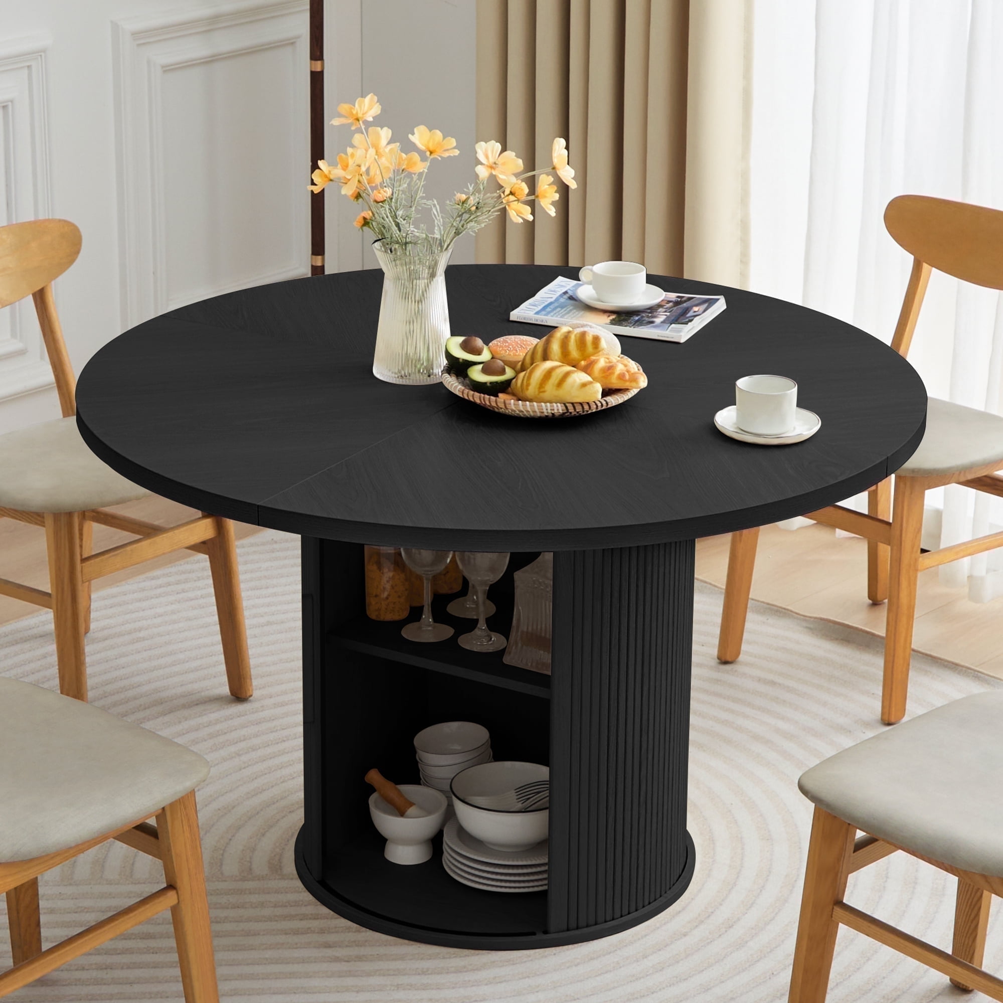 Wirrytor 47" Black Dining Room Table with Storage, Modern Round Table ...