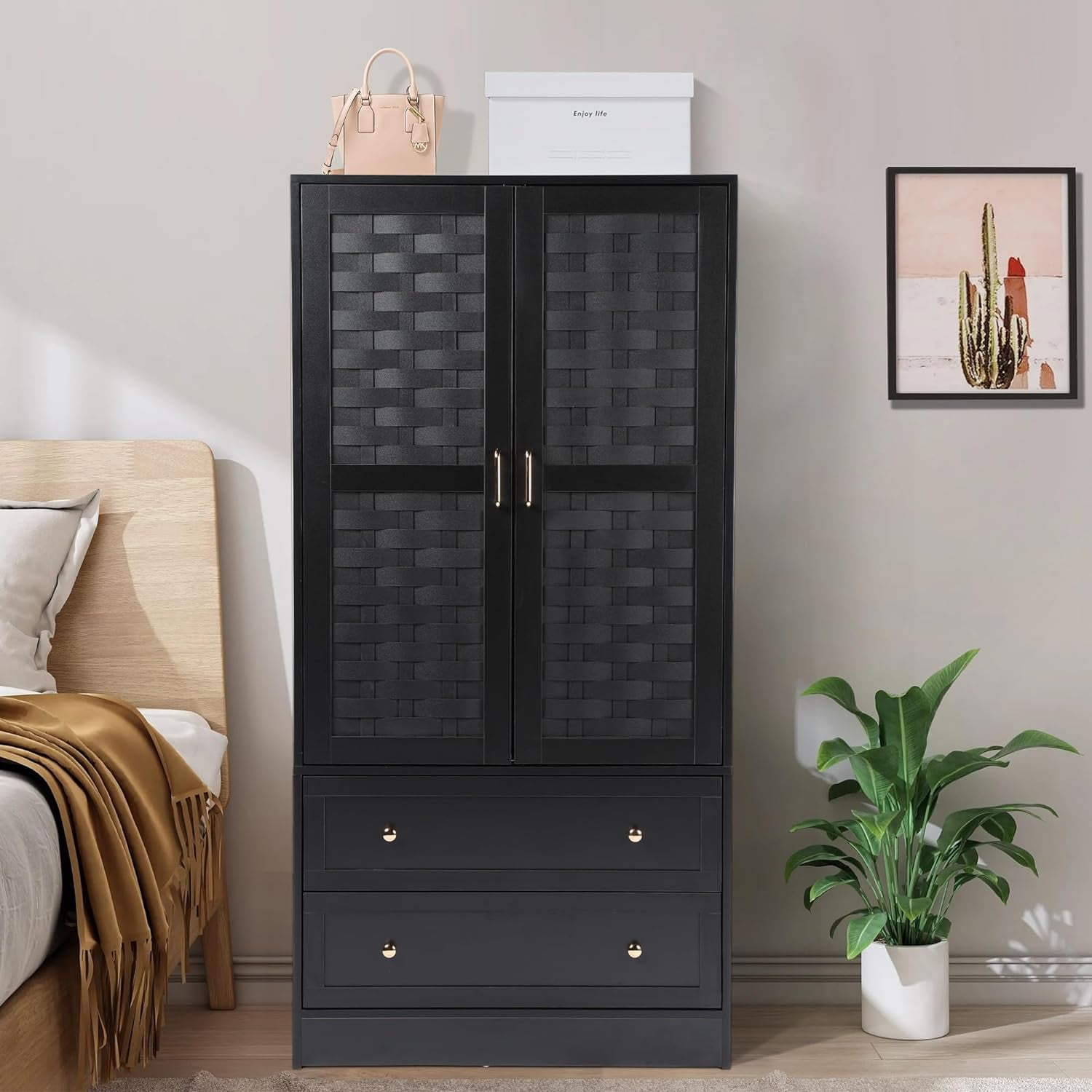 Wirrytor Armoire Wardrobe Closet with 2 Woven Doors, Wardrobe Cabinet ...